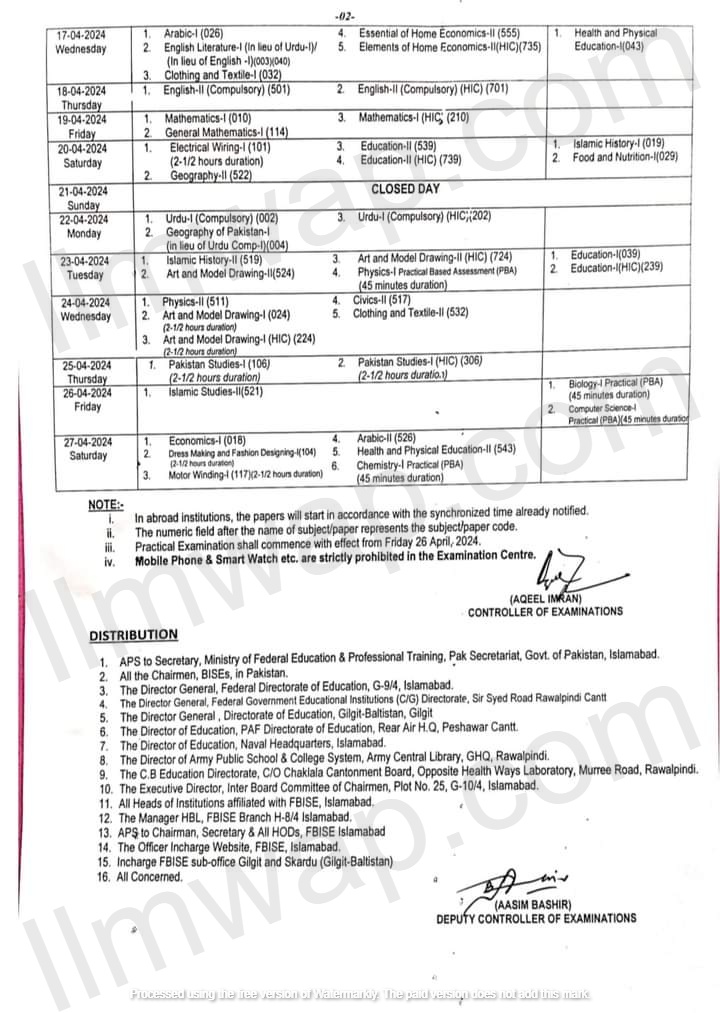9th Class Date Sheet 2024 BISE Federal Board